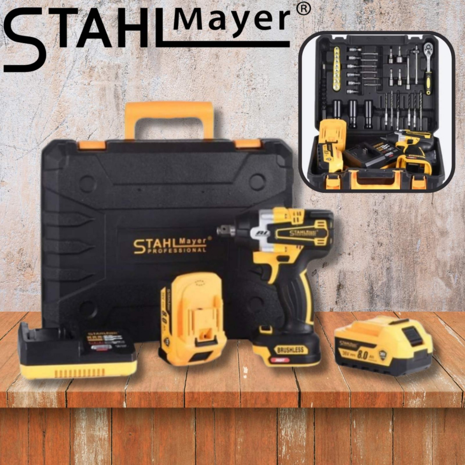Безчетков акумулаторен ударен гайковерт STAHLMAYER 36V 8Ah + инструменти в куфар
